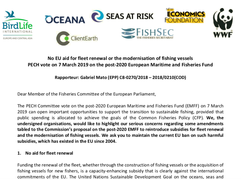 Joint NGO letter to MEPs on the reintroduction of harmful subsidies for fleet renewal and vessel ...